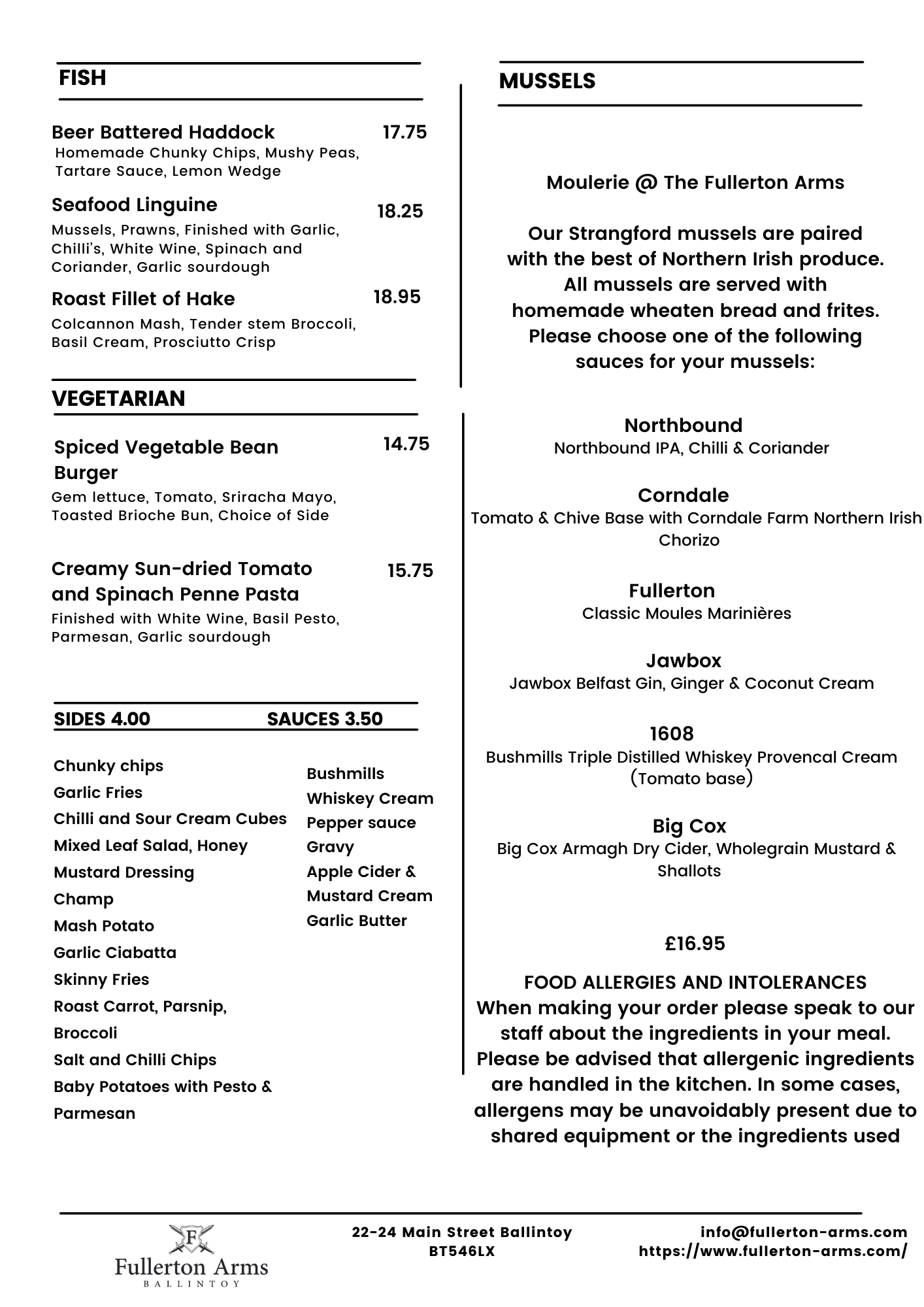 Food & Drink — Fullerton Arms Ballintoy: Giant's Causeway North Coast ...