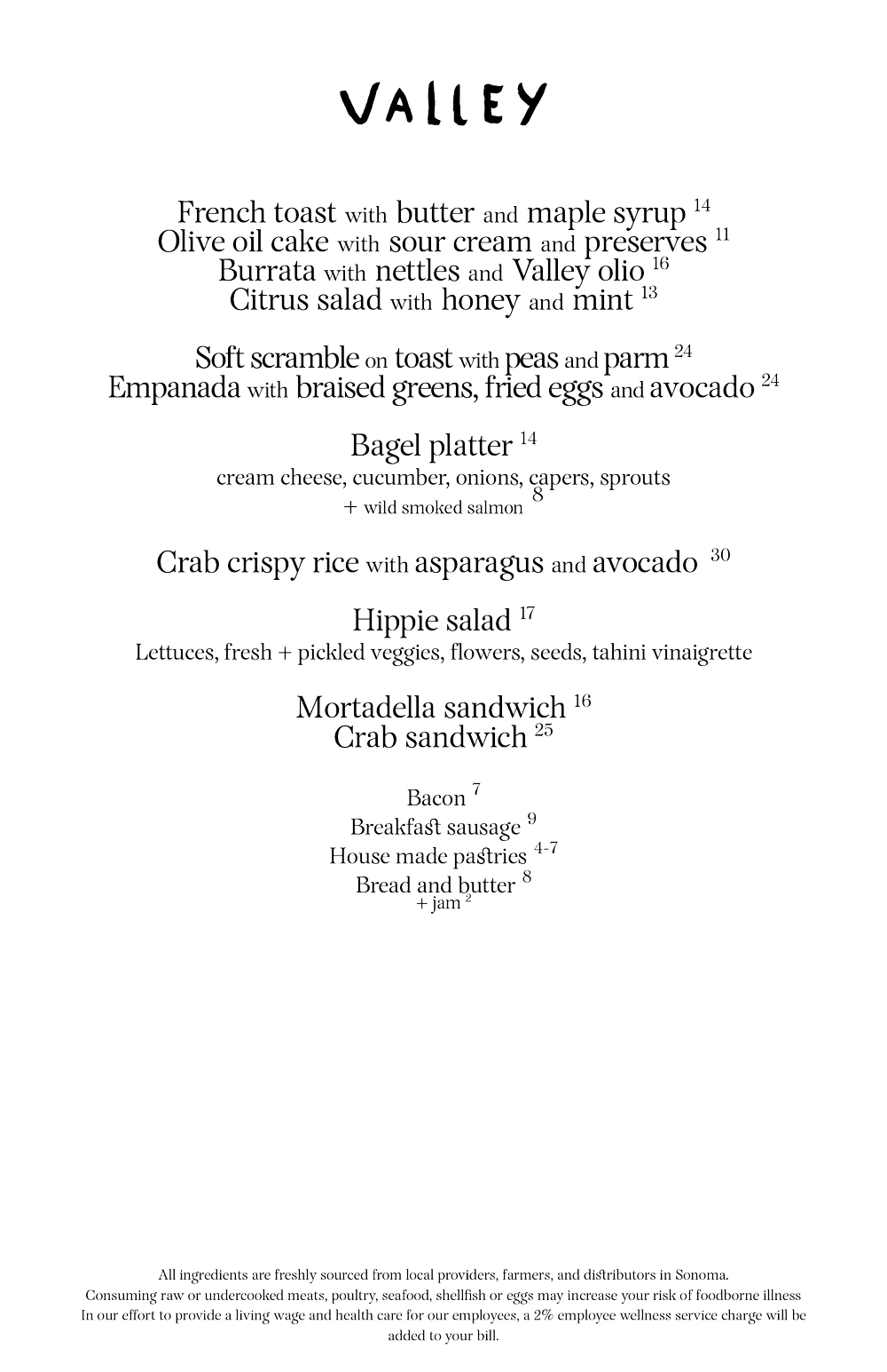 Brunch Menu — Valley Bar + Bottle Shop