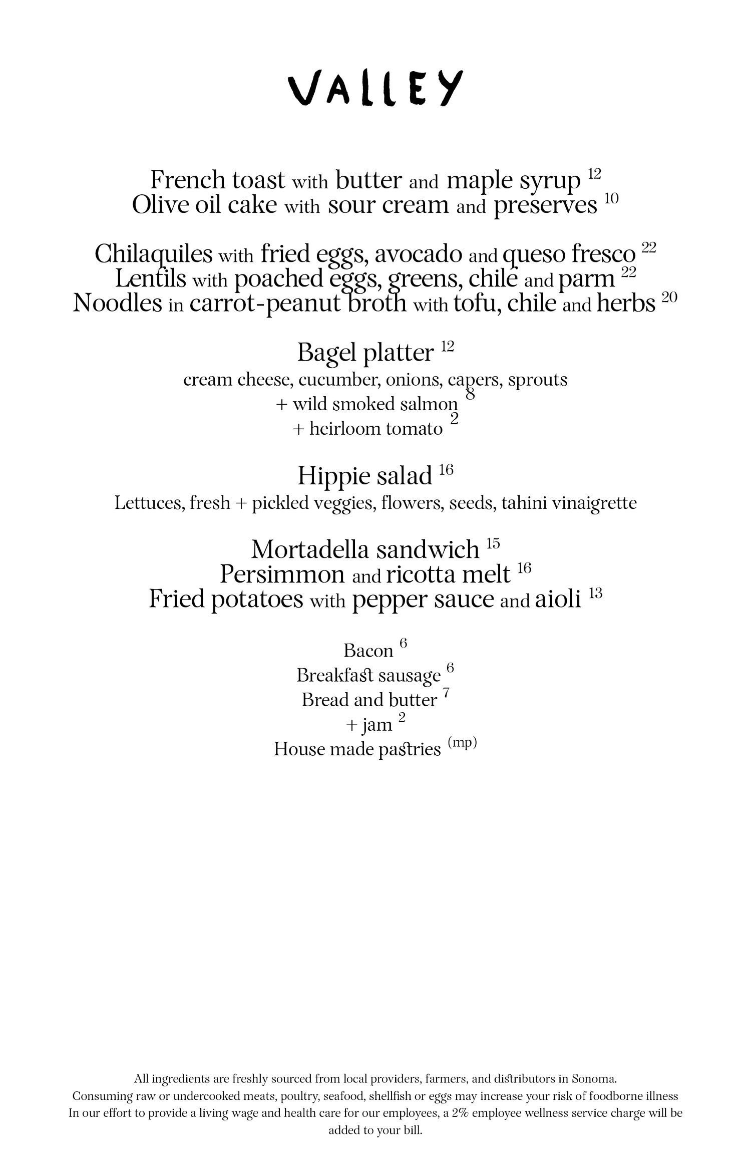 Brunch Menu — Valley Bar + Bottle Shop