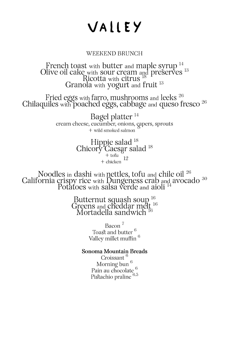 Brunch Menu — Valley Bar + Bottle Shop