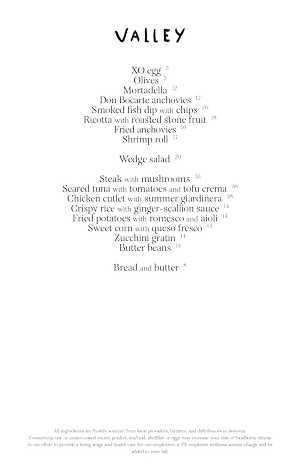 Dinner Menu — Valley Bar + Bottle Shop