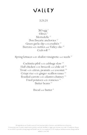 Dinner Menu — Valley Bar + Bottle Shop