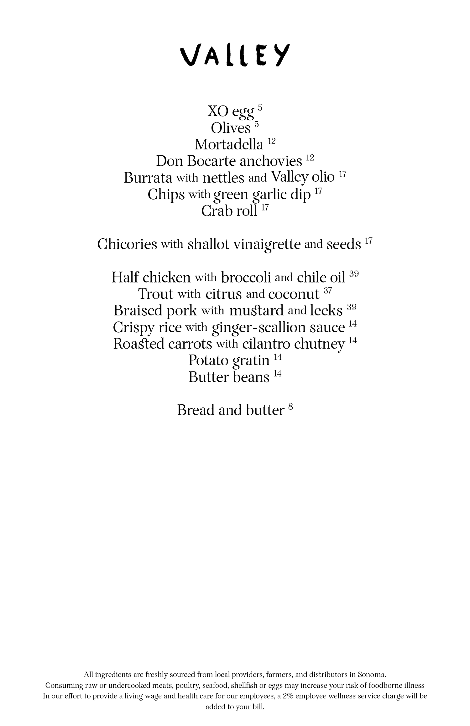 Dinner Menu — Valley Bar + Bottle Shop