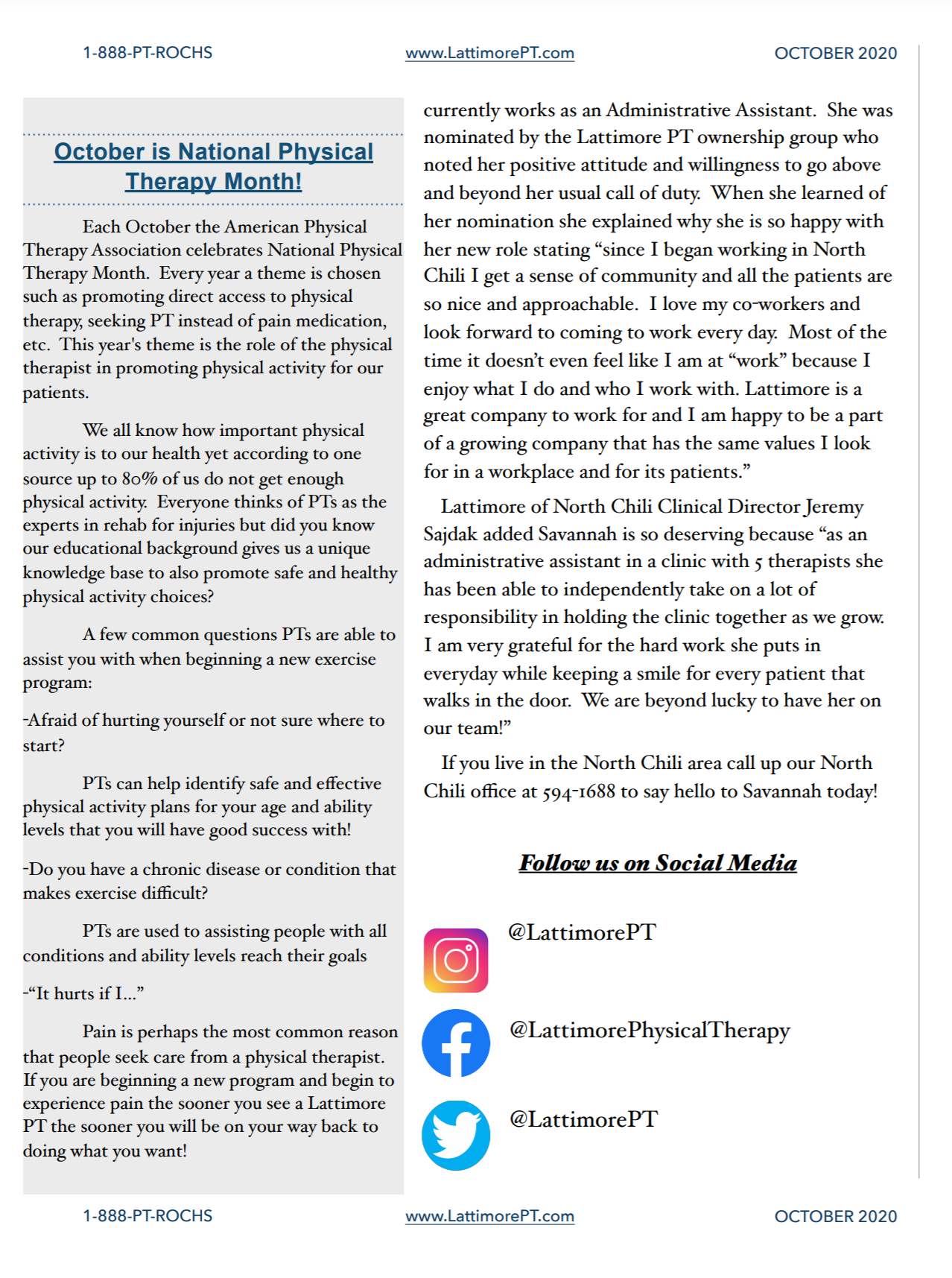 October 2020 Newsletter - Lattimore Physical Therapy