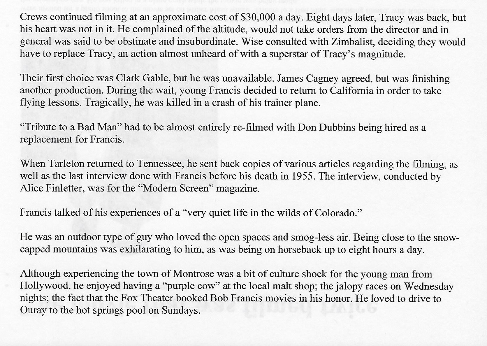 Tribute to a Badman — Robert Francis 1930-1955