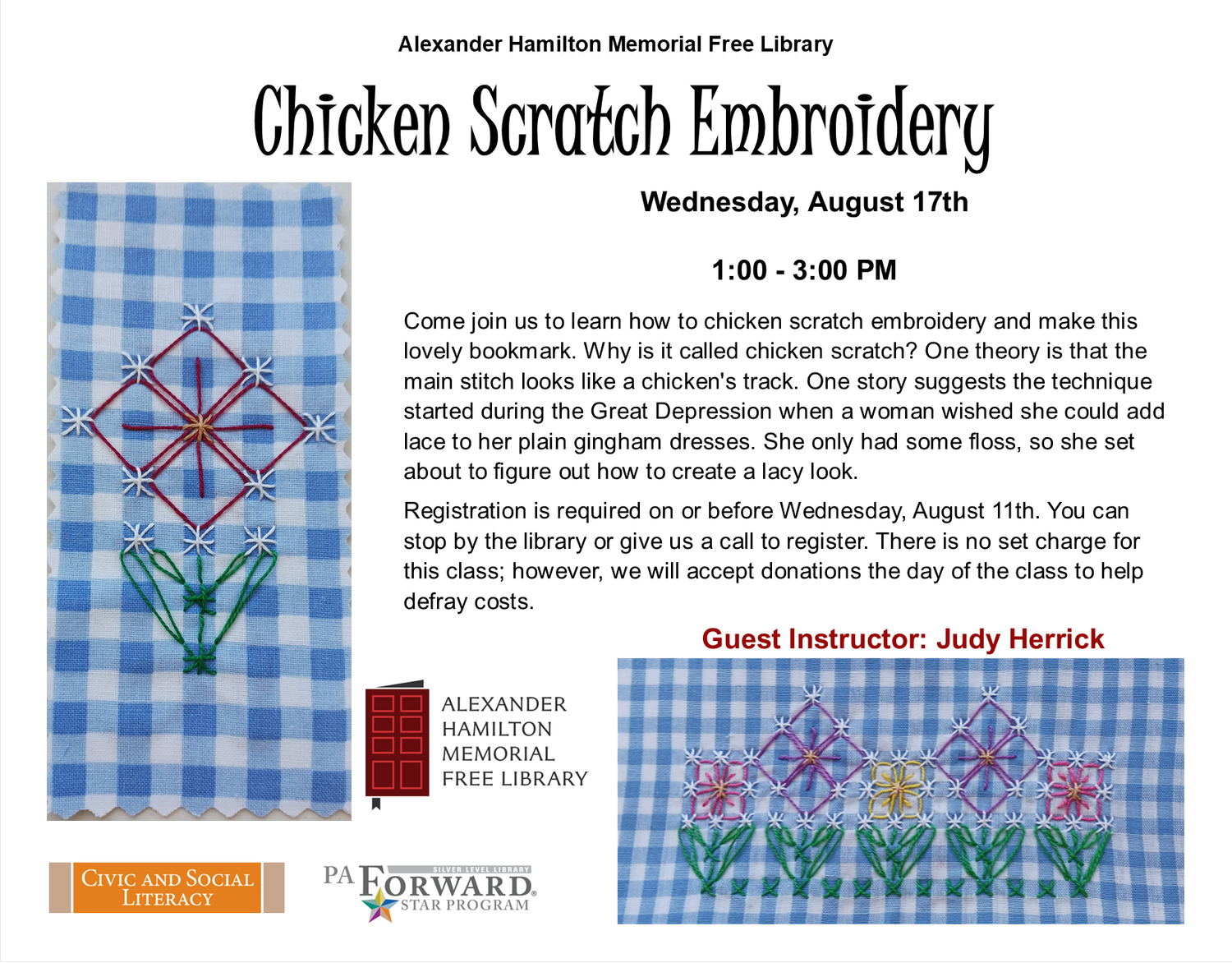 Chicken Scratch Embroidery — Alexander Hamilton Memorial Free Library