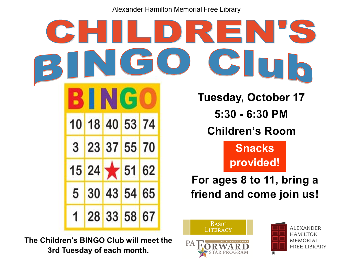 Children's BINGO Club — Alexander Hamilton Memorial Free Library