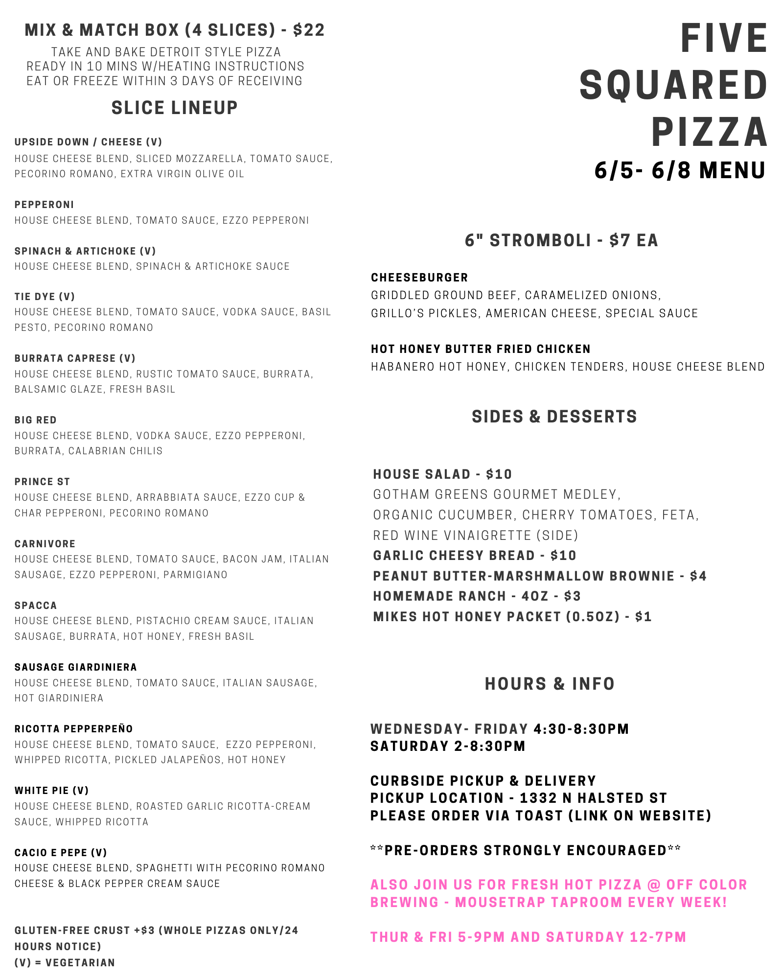 Weekly Menu — Five Squared Pizza