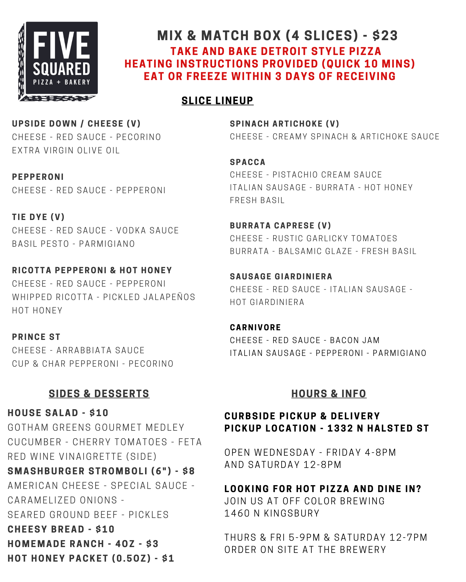 Menu — Five Squared Pizza