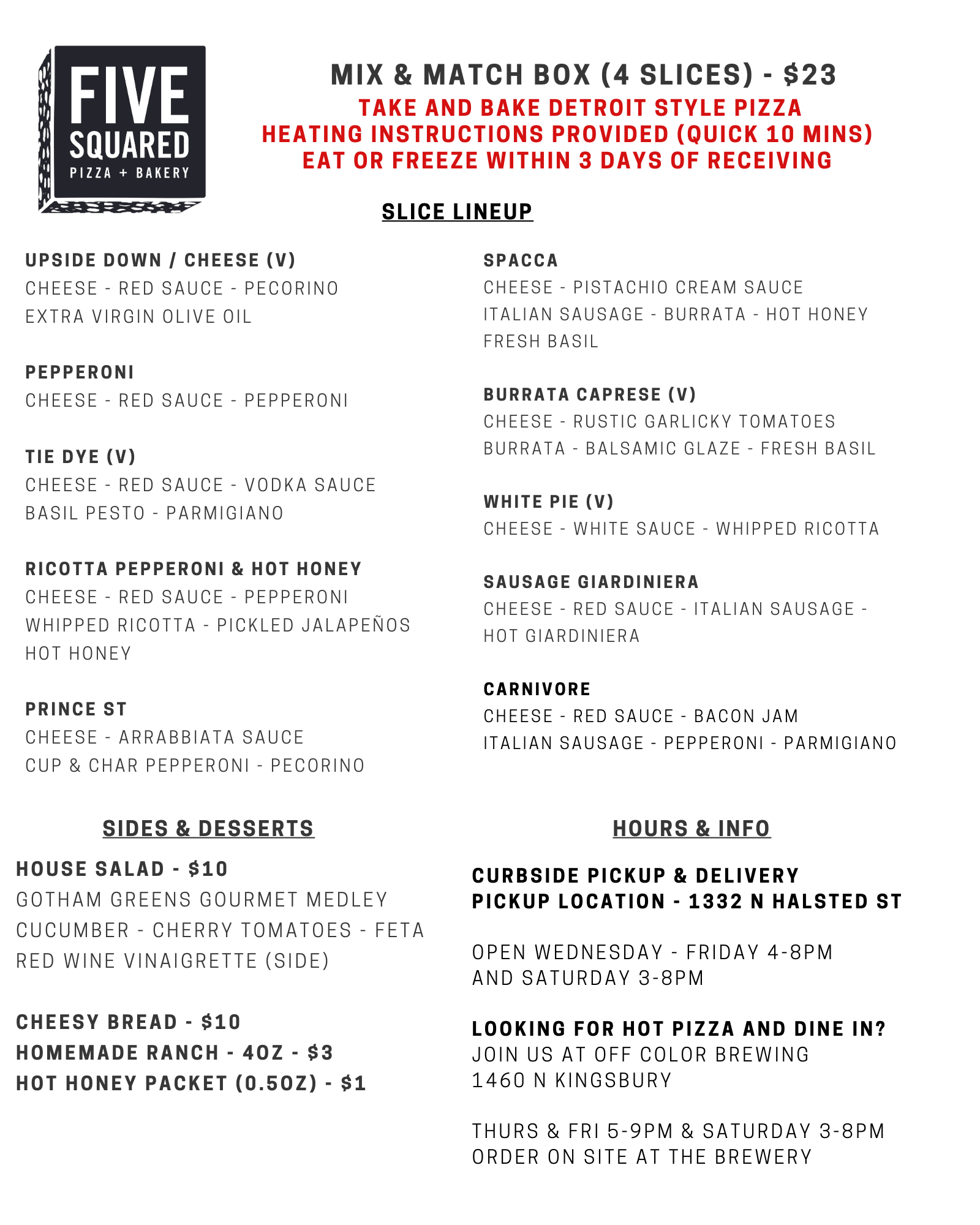 Menu — Five Squared Pizza