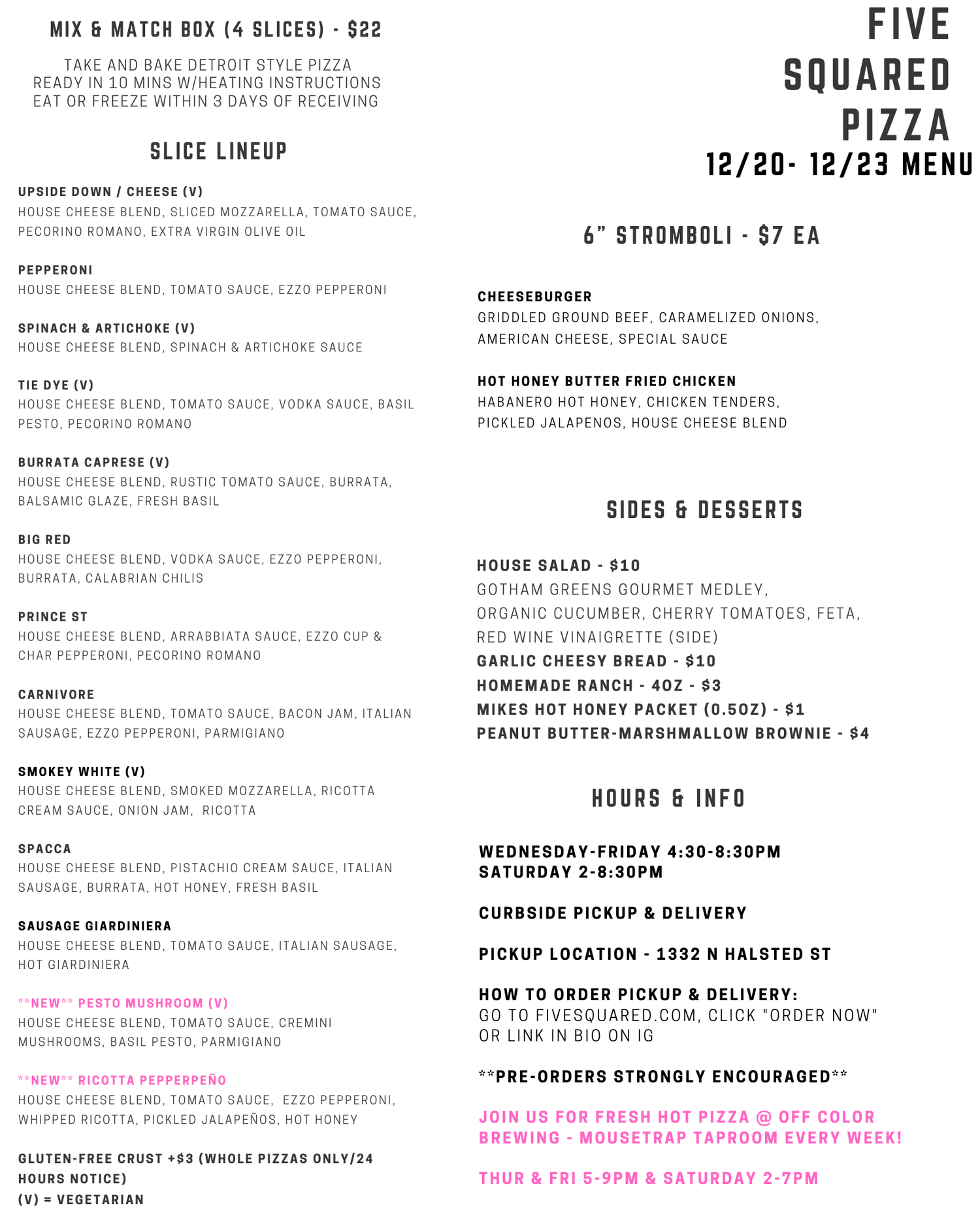 Weekly Menu — Five Squared Pizza