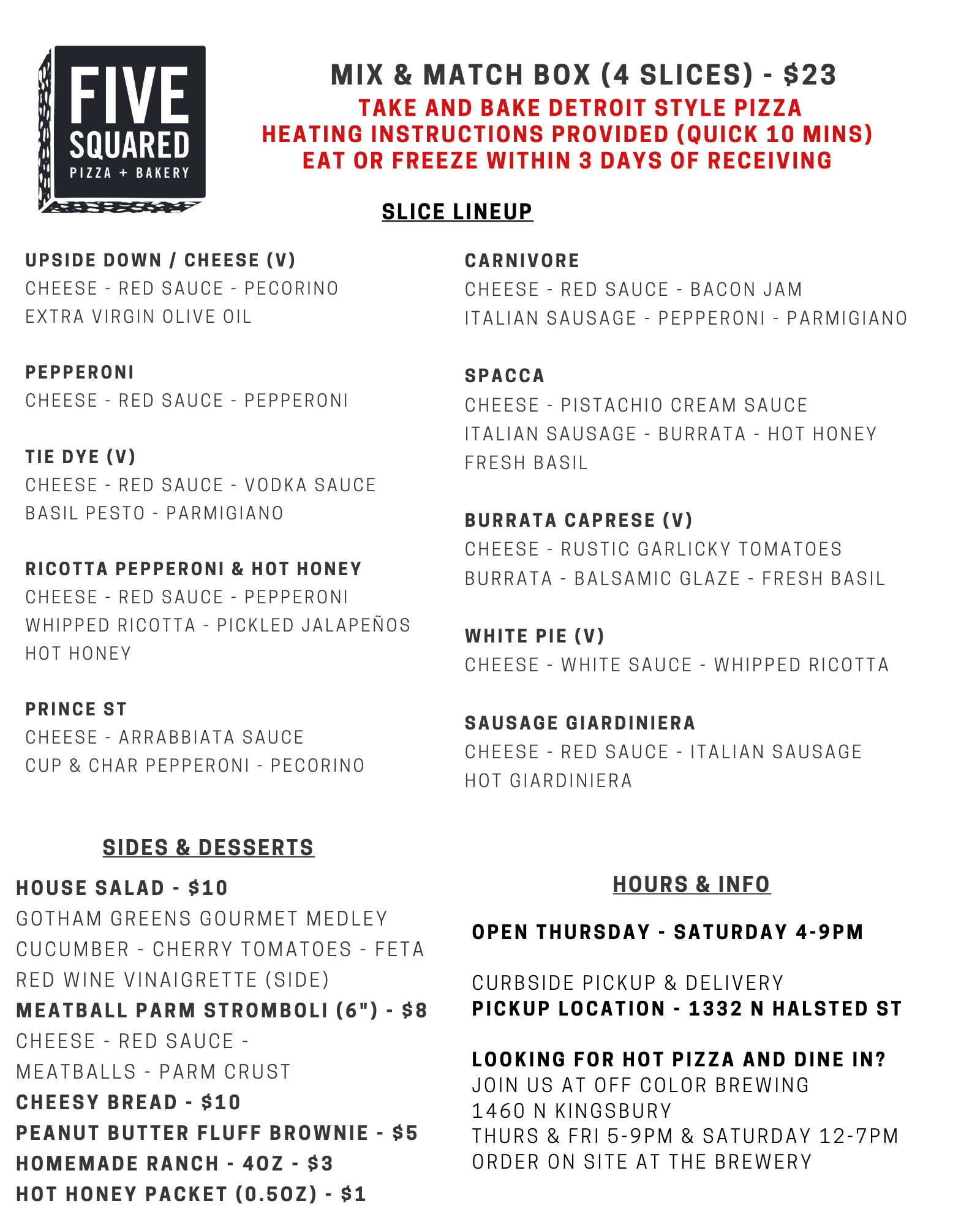 Menu — Five Squared Pizza