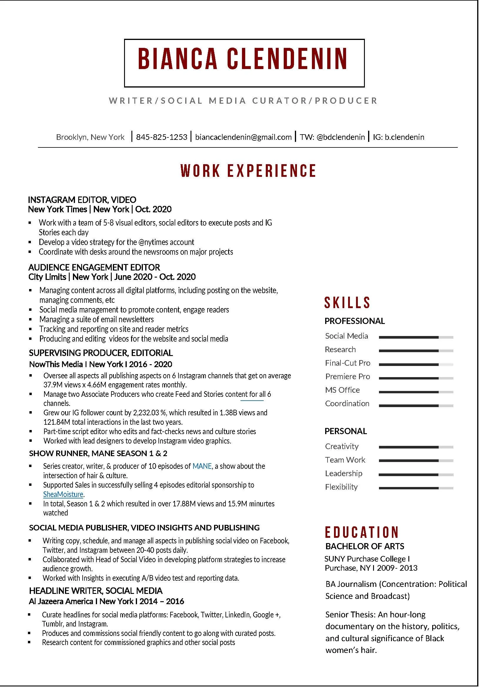 Resume and CV — Bianca Dominique Clendenin