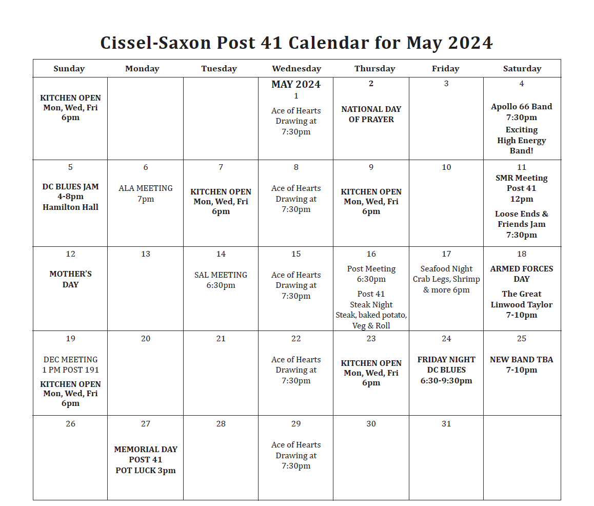 Calendar — American Legion Post 41