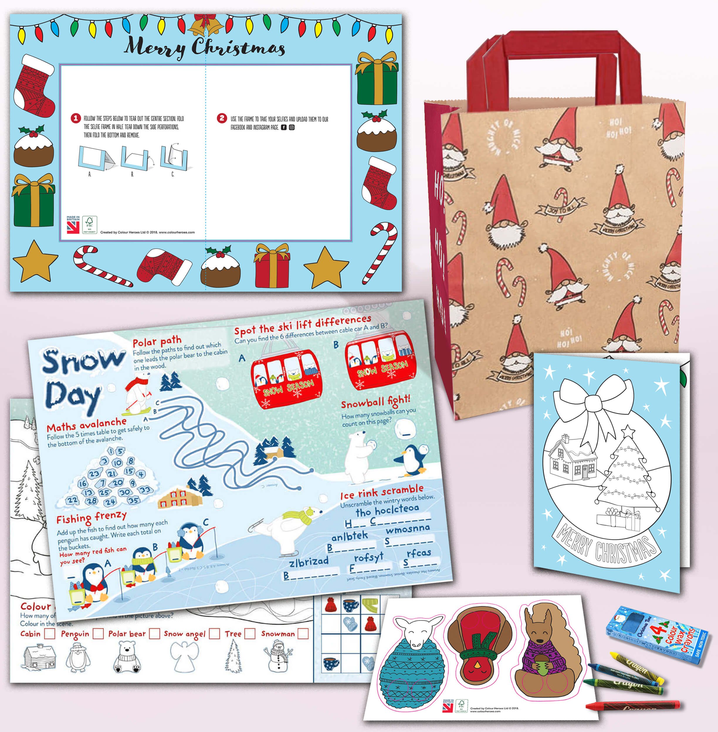 Festive activity packs and children's takeaway picnic lunch bag ...
