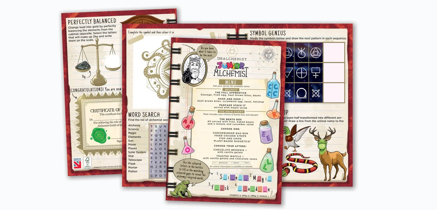 Children's menu and activity book for The Alchemist — Colour Heroes