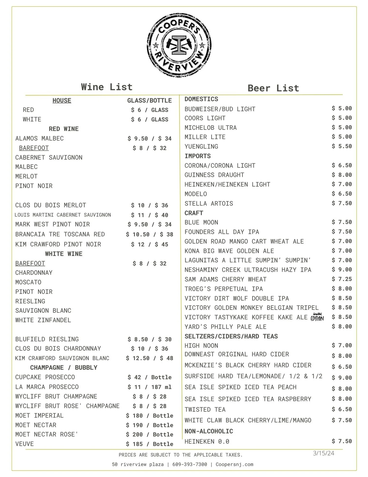 Food & Drinks Menus — Cooper's Riverview