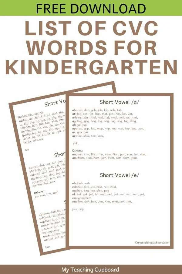 Free List of CVC Words for Kindergarten — My Teaching Cupboard