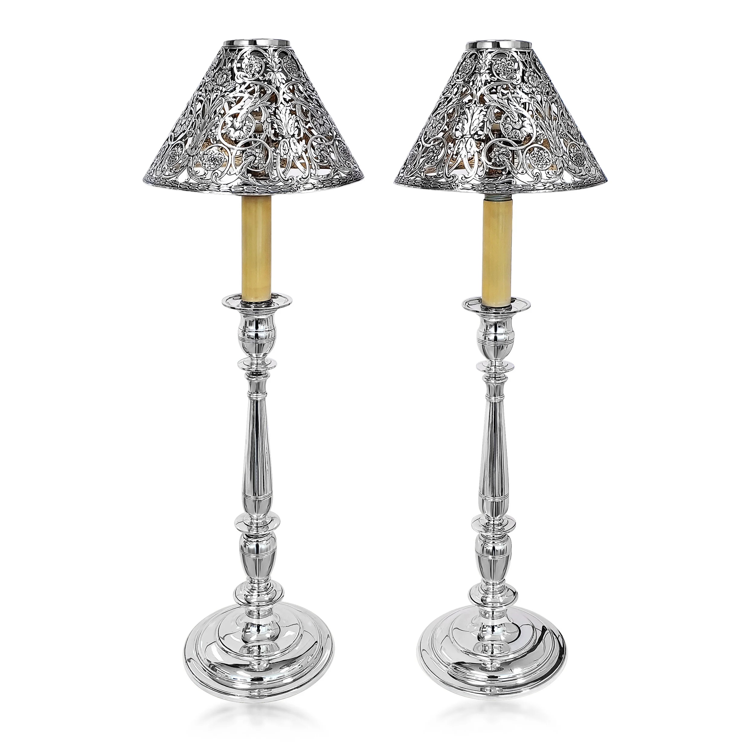 A Pair of Sterling Silver Candlesticks with Gorham Shades, by Tiffany ...