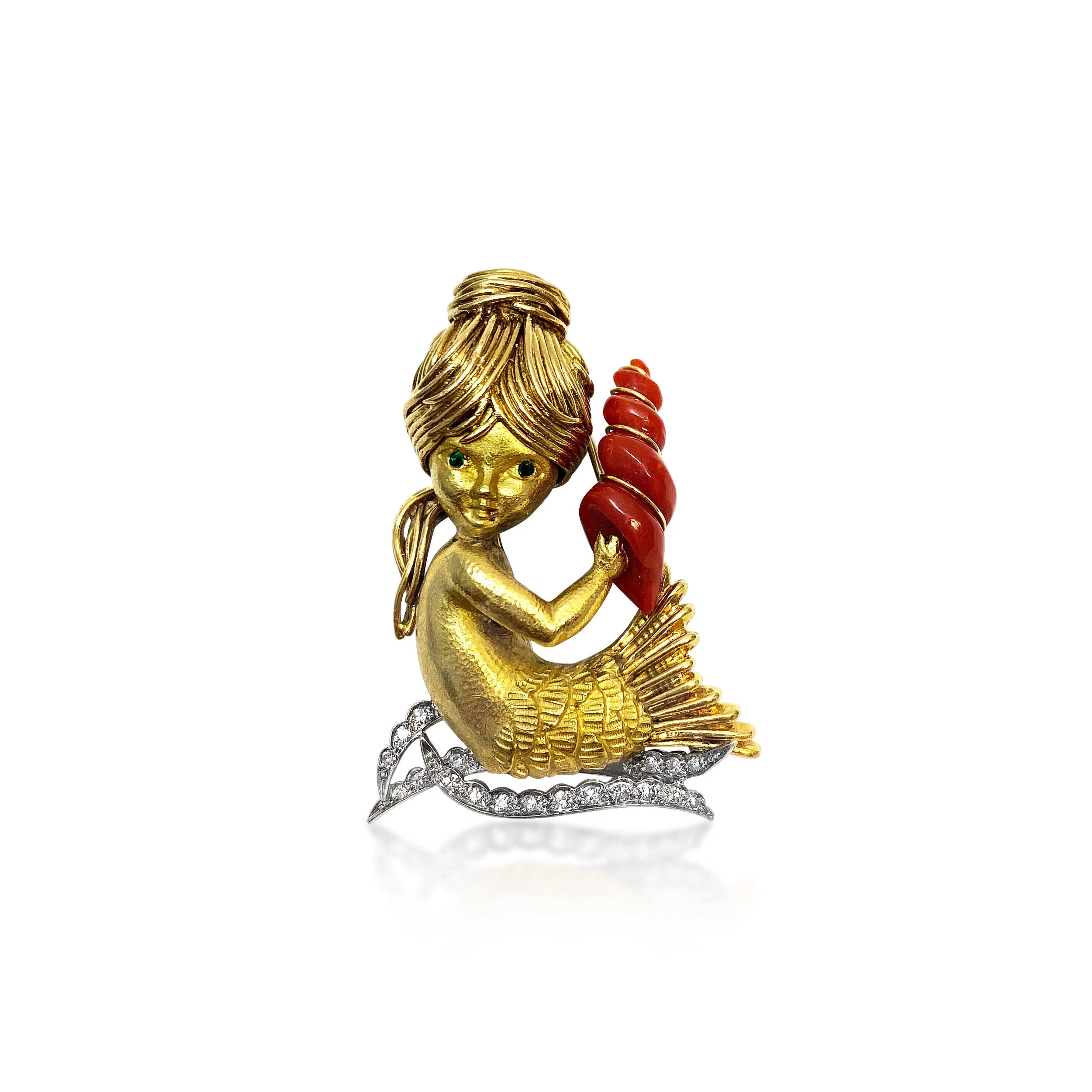 A 18K Gold, Platinum, Carved Coral and Diamond Mermaid Clip-Brooch, by ...