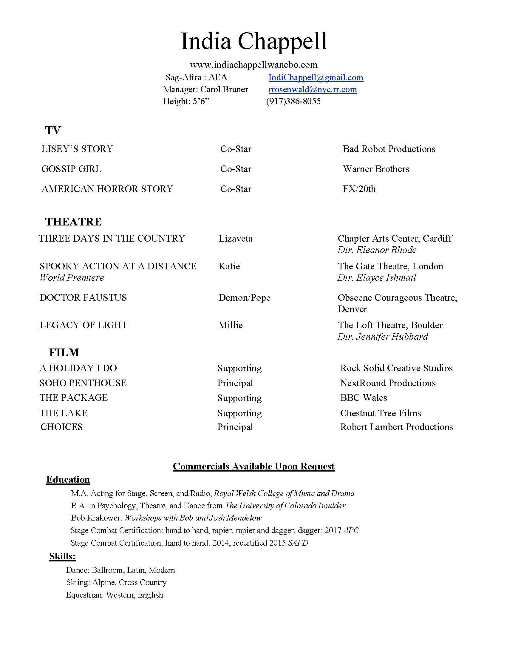 Resume — India Chappell