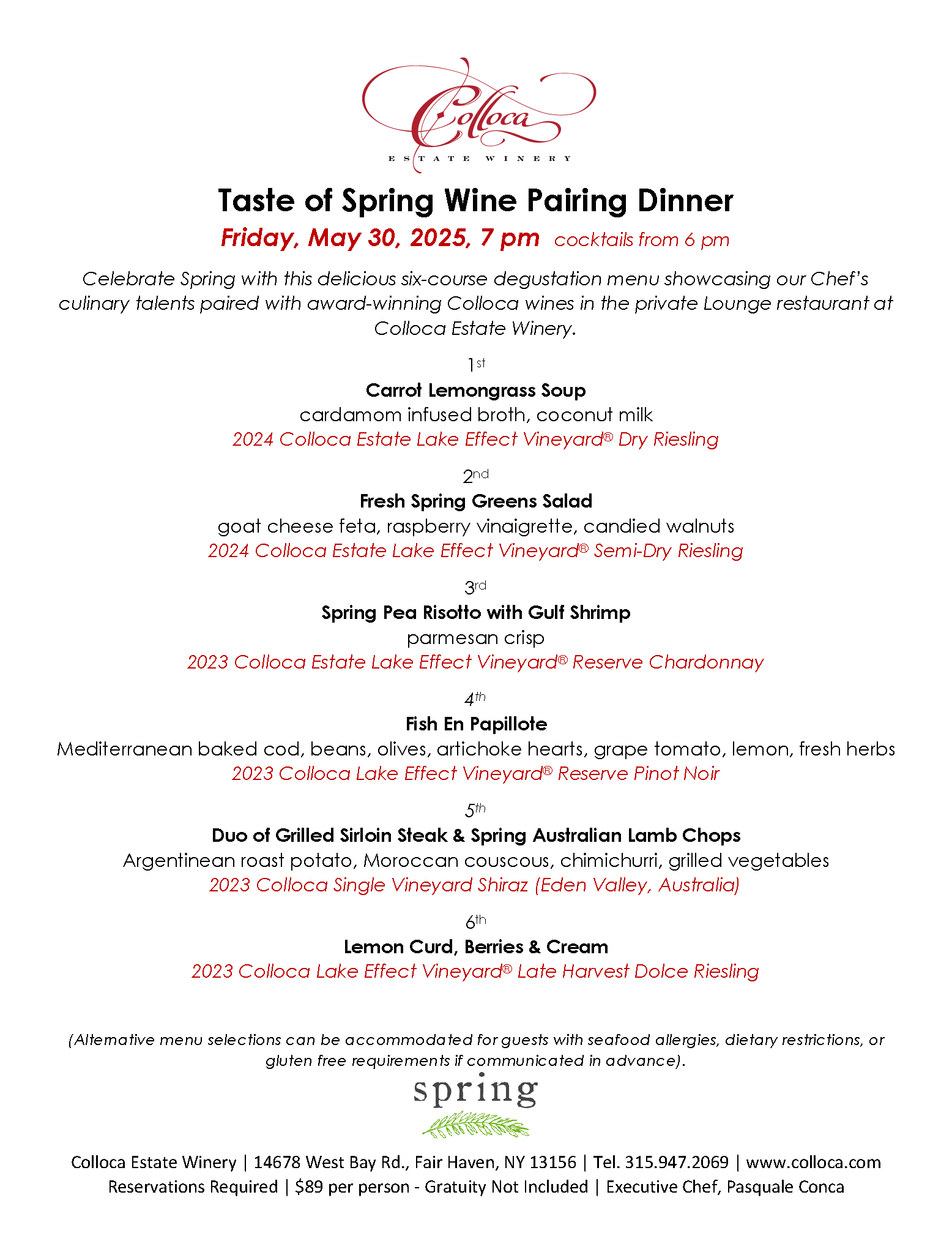 Taste of Spring Wine pairing Dinner — Colloca Estate Winery