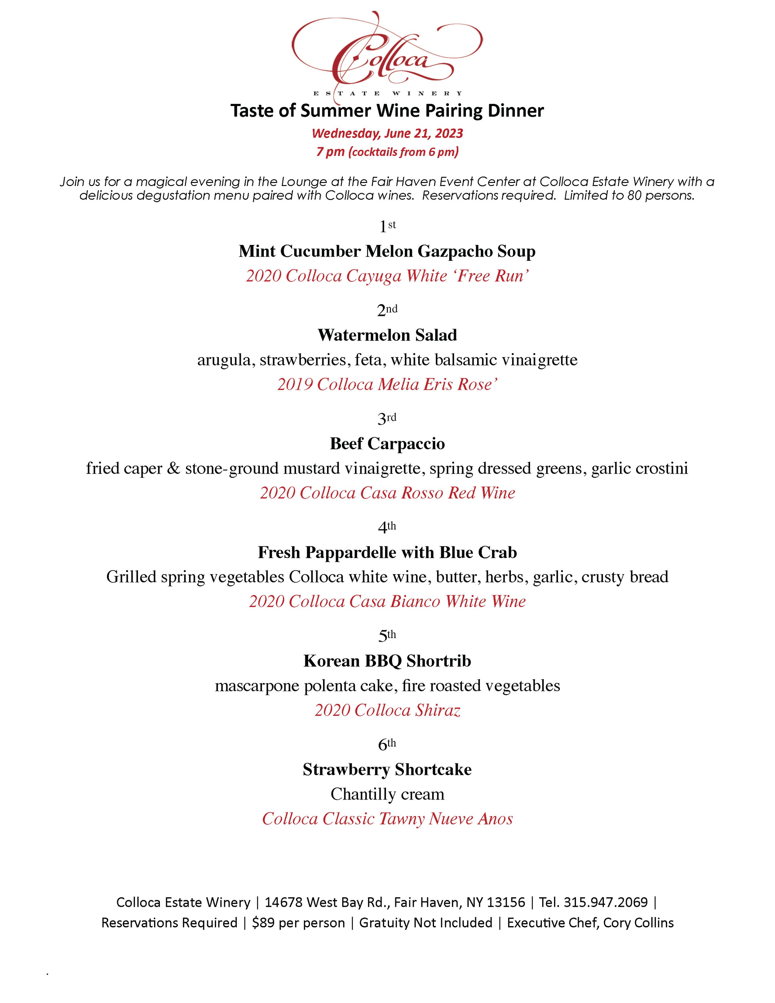 Summer Solstice Wine Pairing Dinner at the Winery! — Colloca Estate Winery