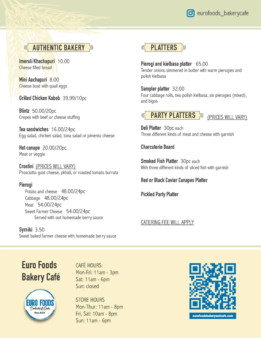 Menu — Euro Foods Bakery & Cafe