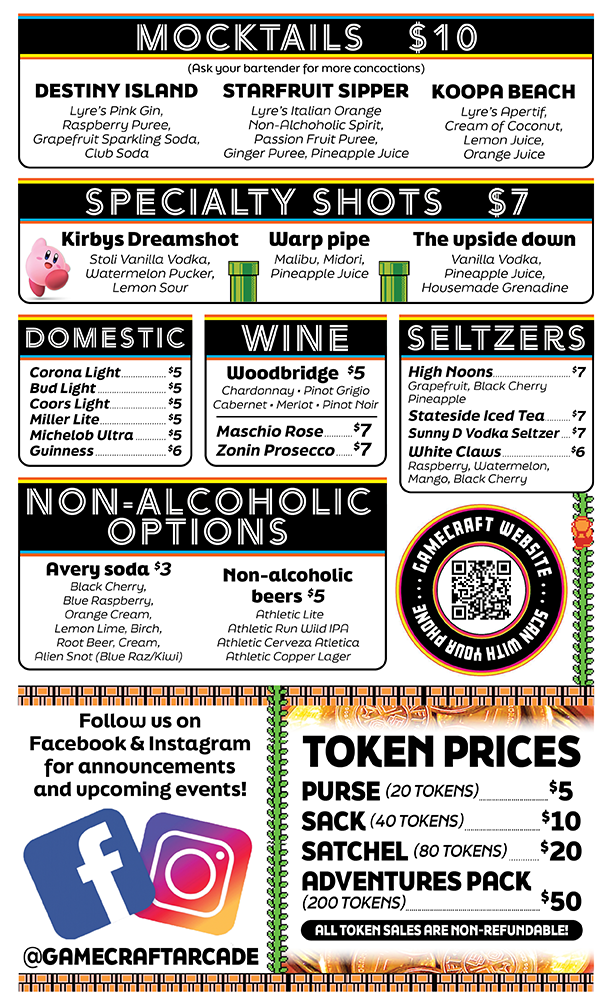 Cocktails Menu — GameCraft Arcade and Bar
