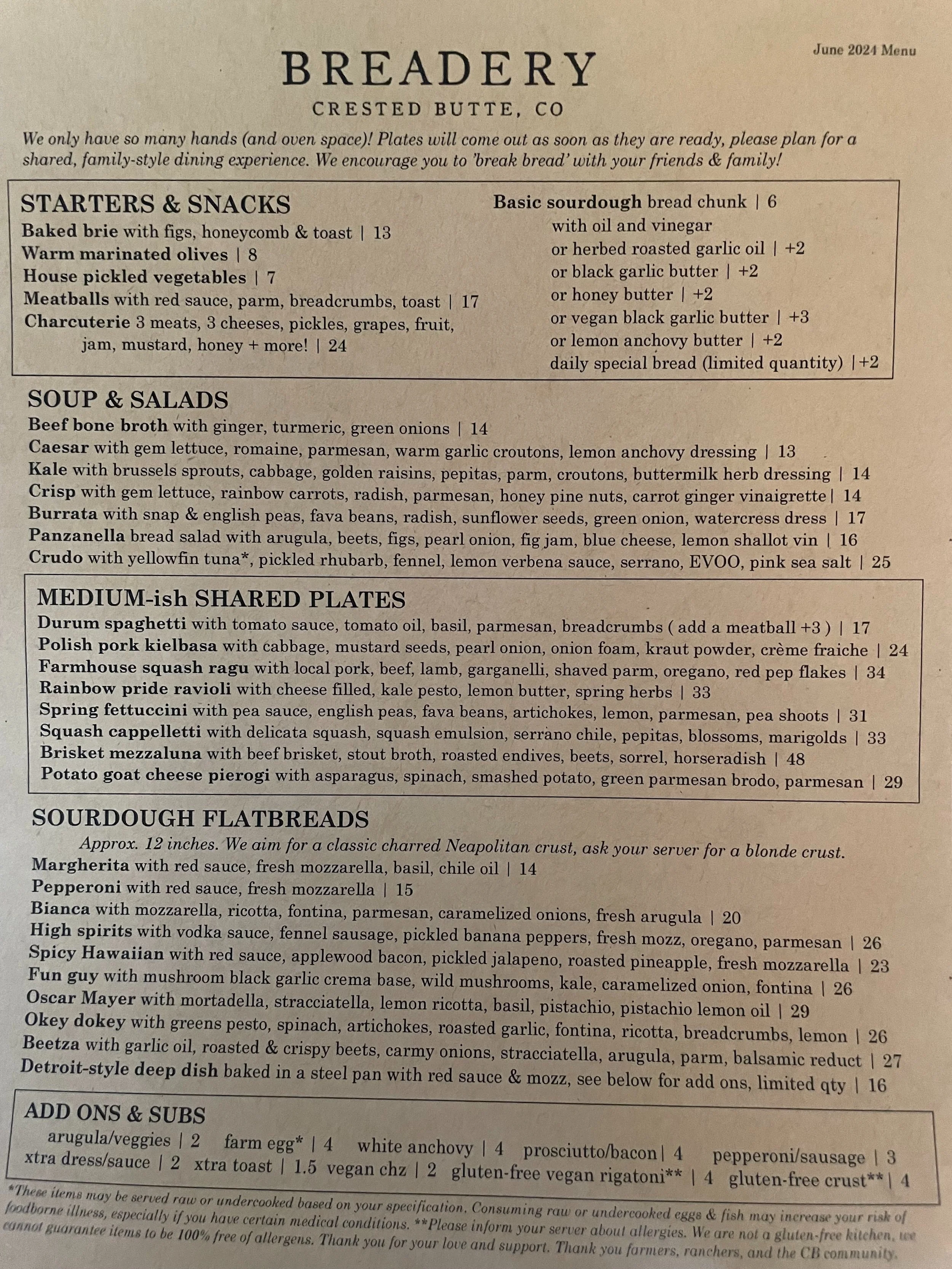 Dinner Menu — Breadery