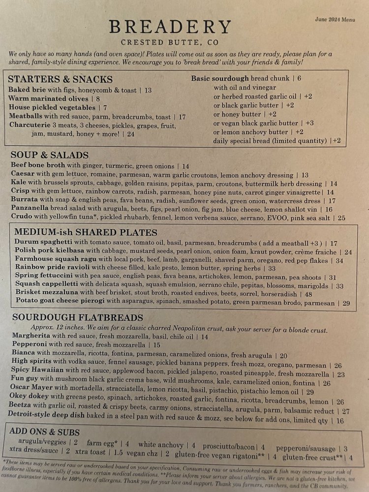 Dinner Menu — Breadery