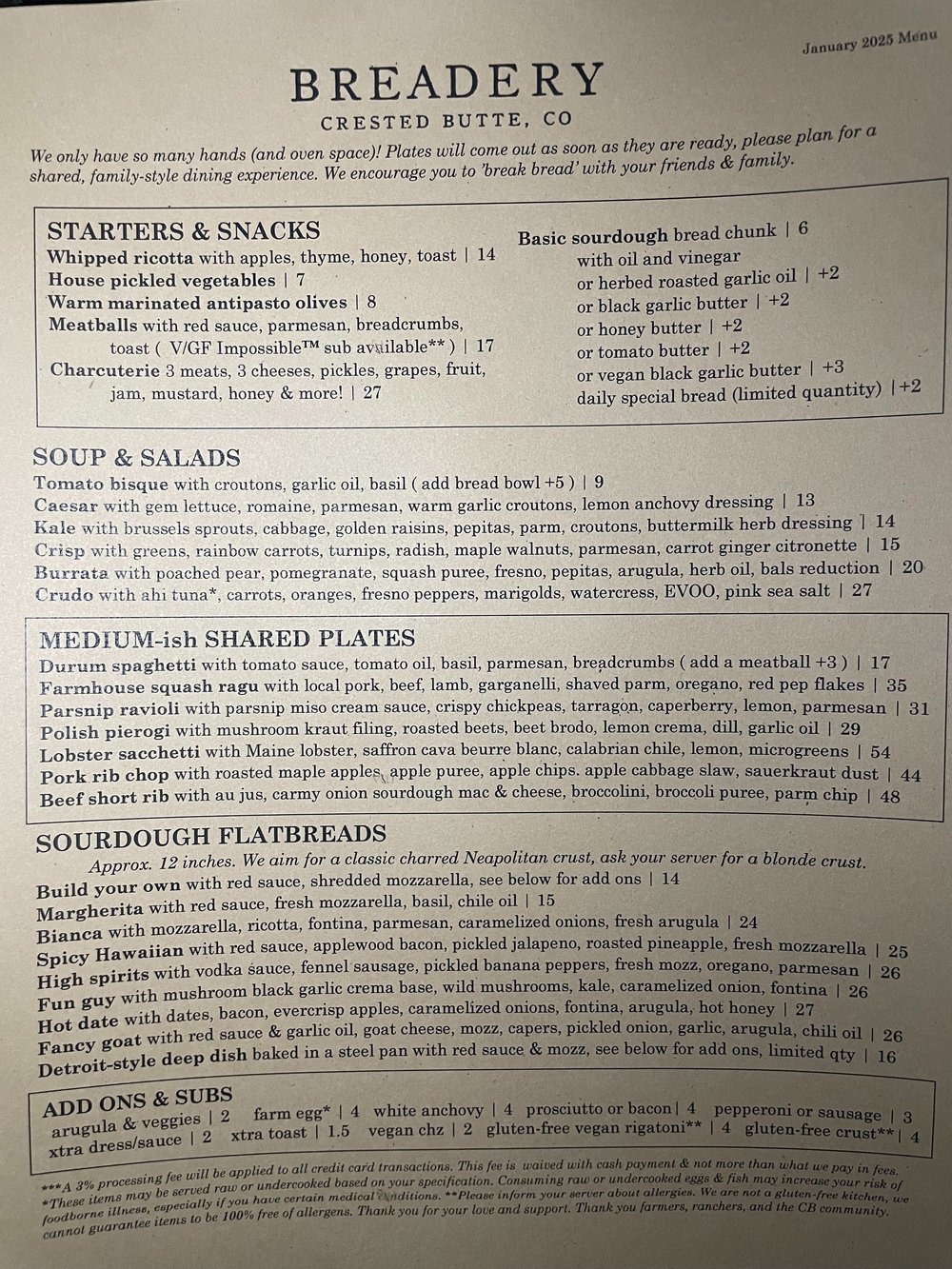 Dinner Menu — Breadery