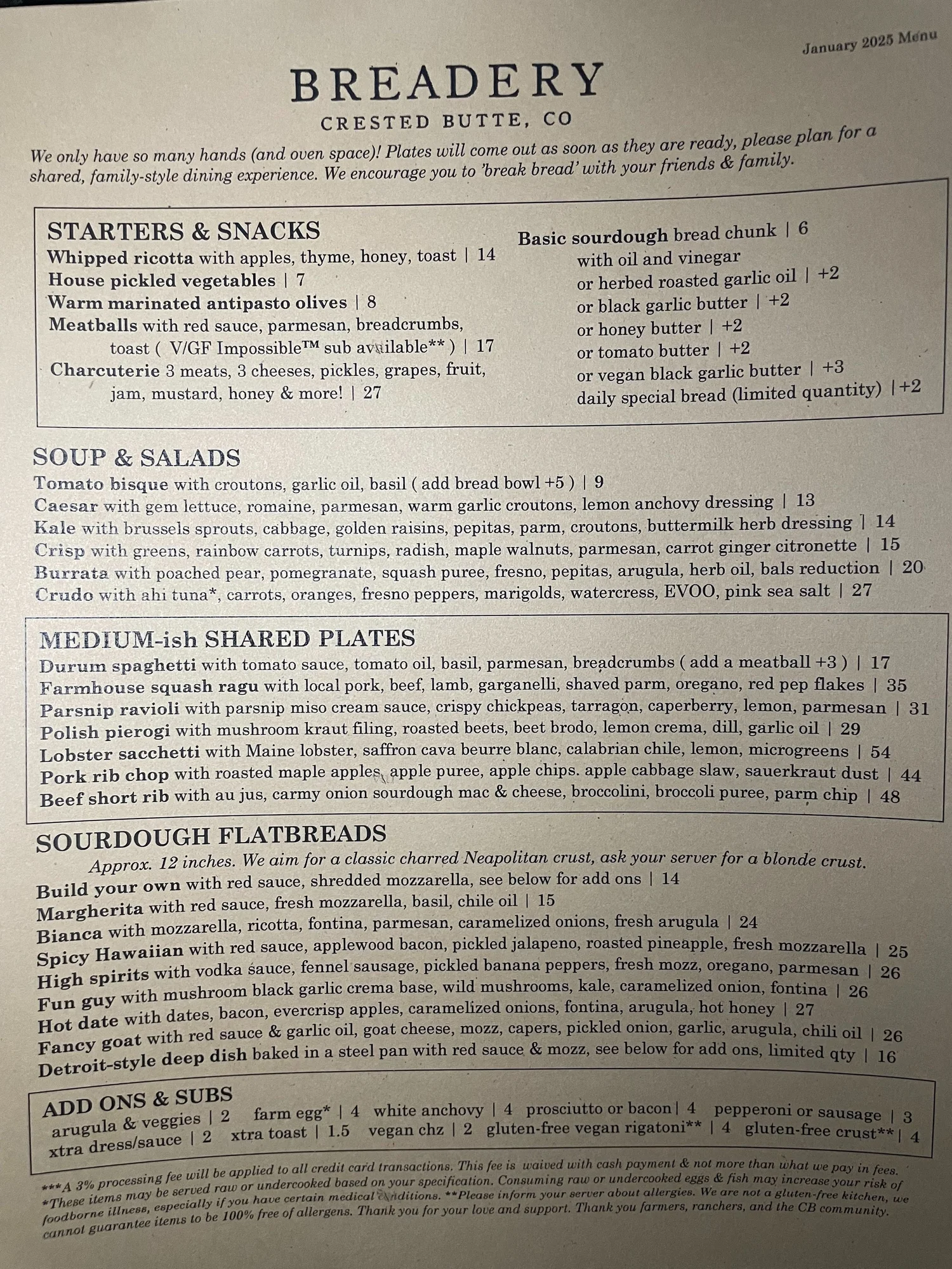 Dinner Menu — Breadery