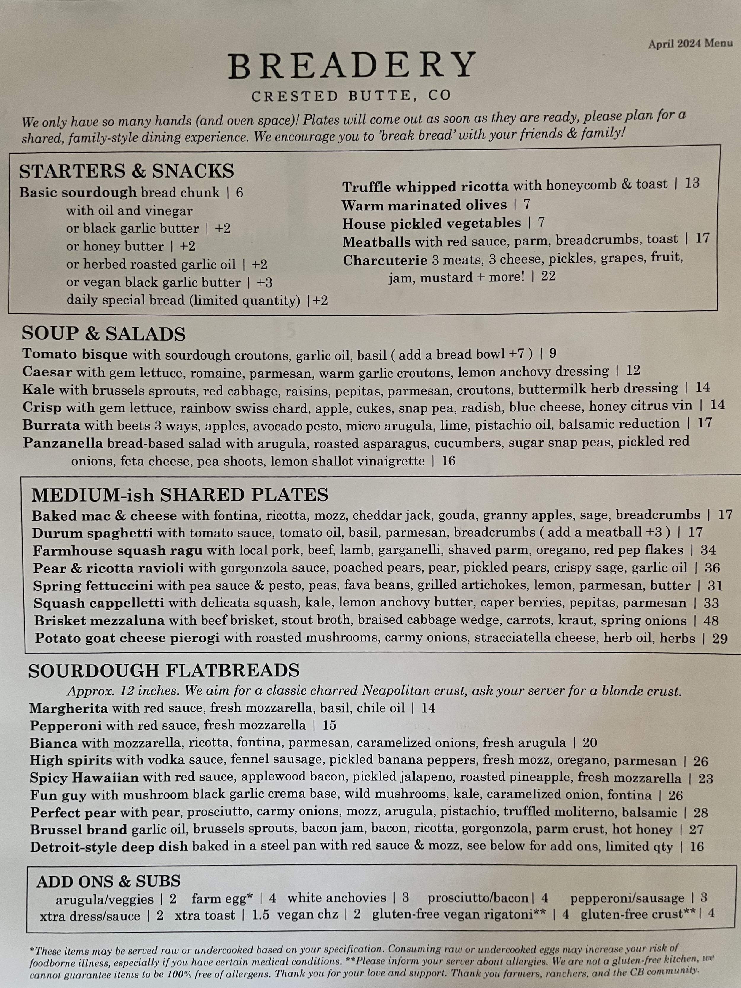 Dinner Menu — Breadery