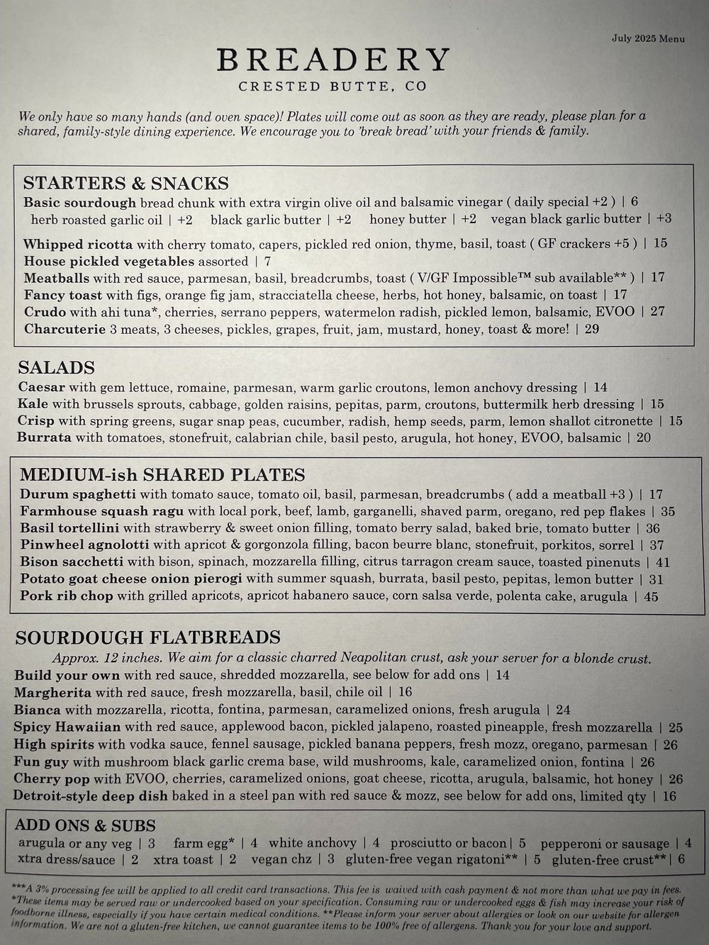 Dinner Menu — Breadery