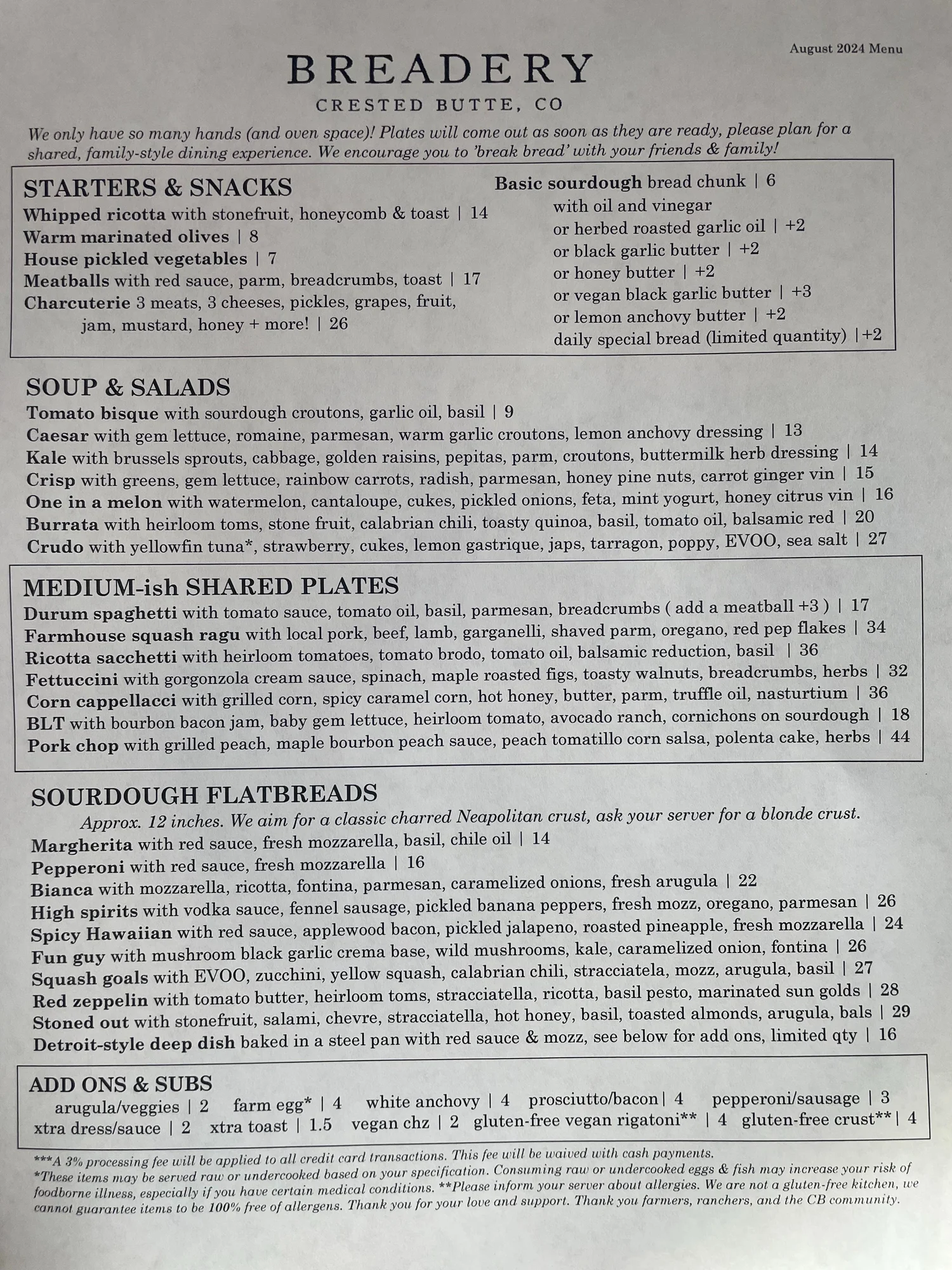 Dinner Menu — Breadery