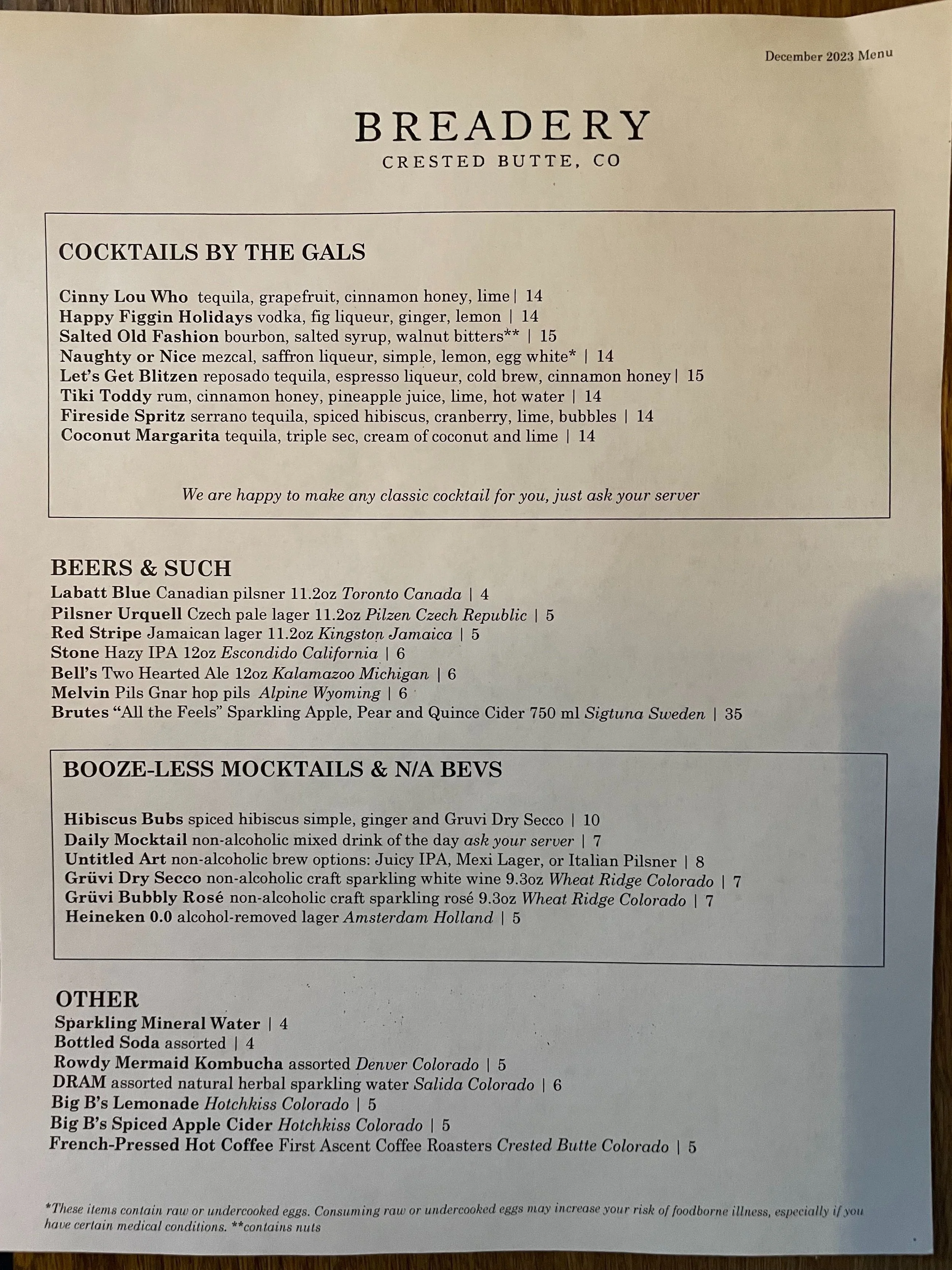 Drinks Menu — Breadery
