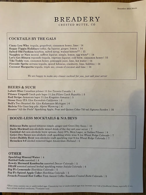 Drinks Menu — Breadery