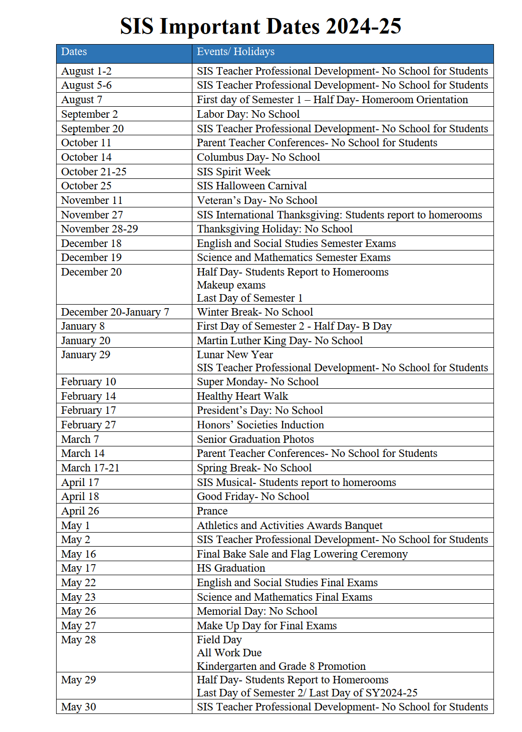 Calendars and Materials List — Saipan International School