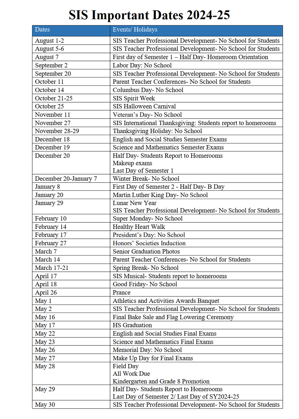 Calendars and Materials List — Saipan International School