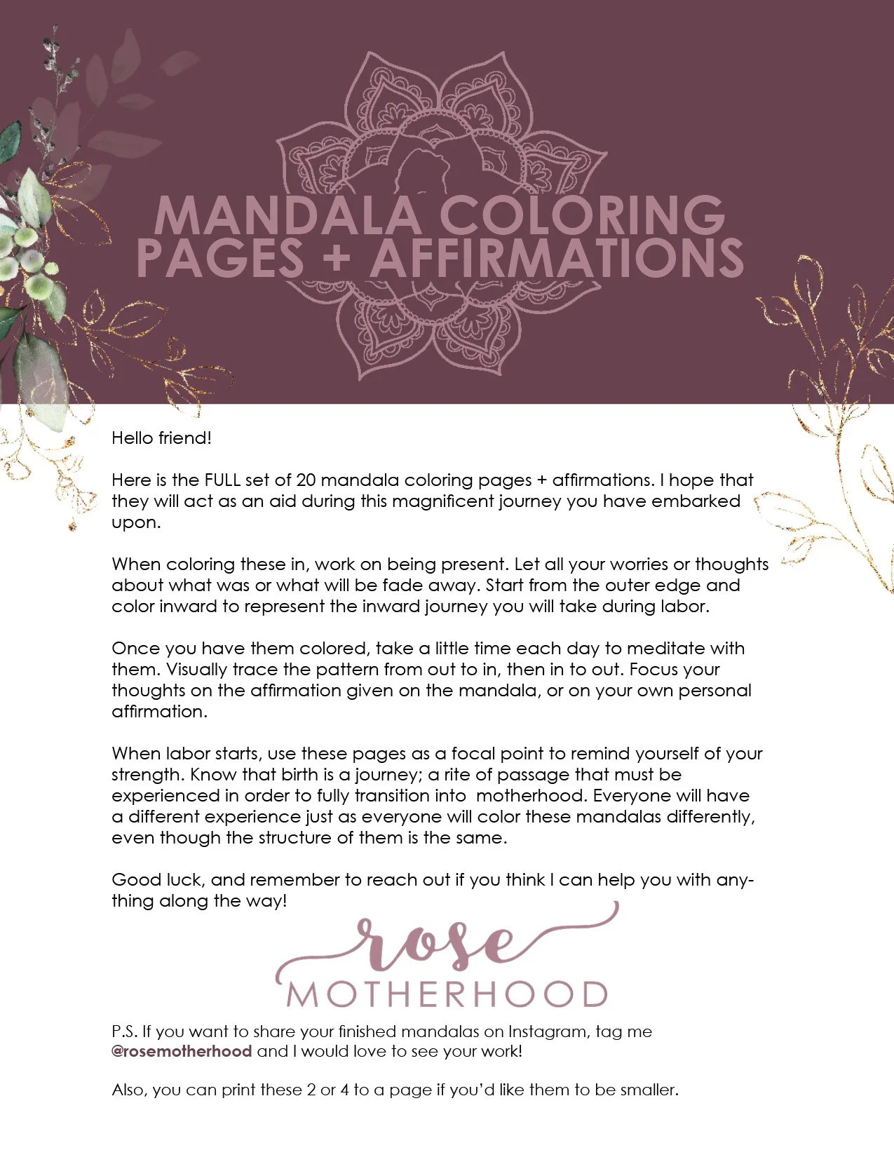 Mandala + Birth Affirmation Coloring Book (25 pages) — Rose Motherhood