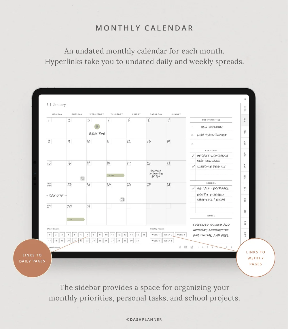 Undated Academic Digital Planner — Dash Planner
