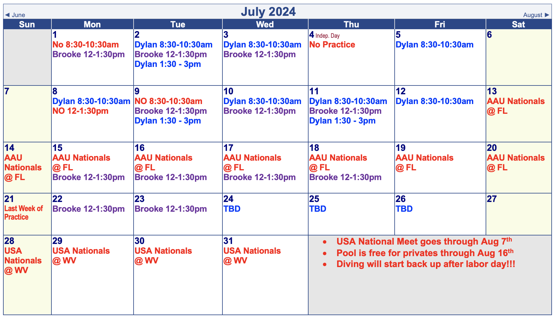 Session Calendars — Marlins Diving Club