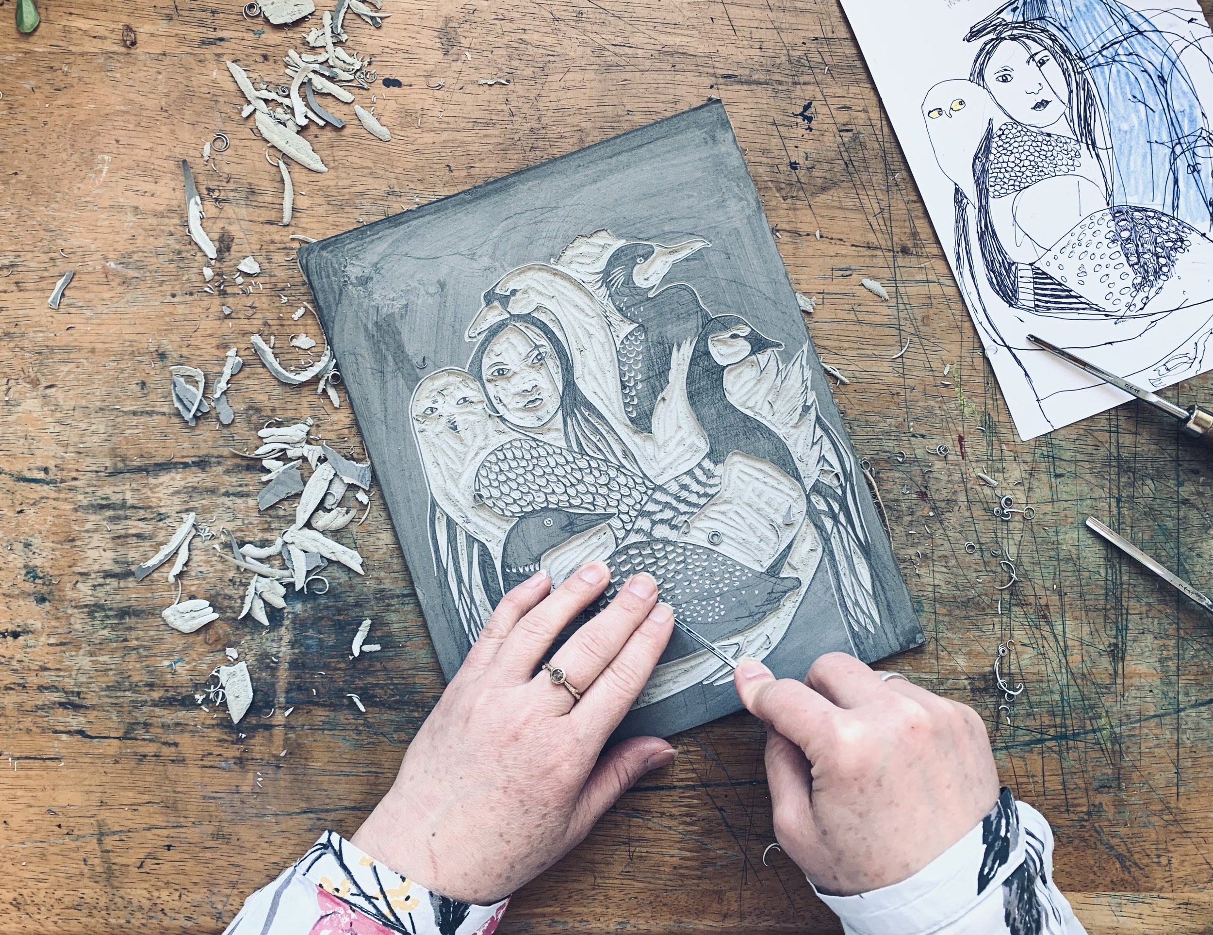 Bird woman linocut — Handcrafted Folktale Linocuts