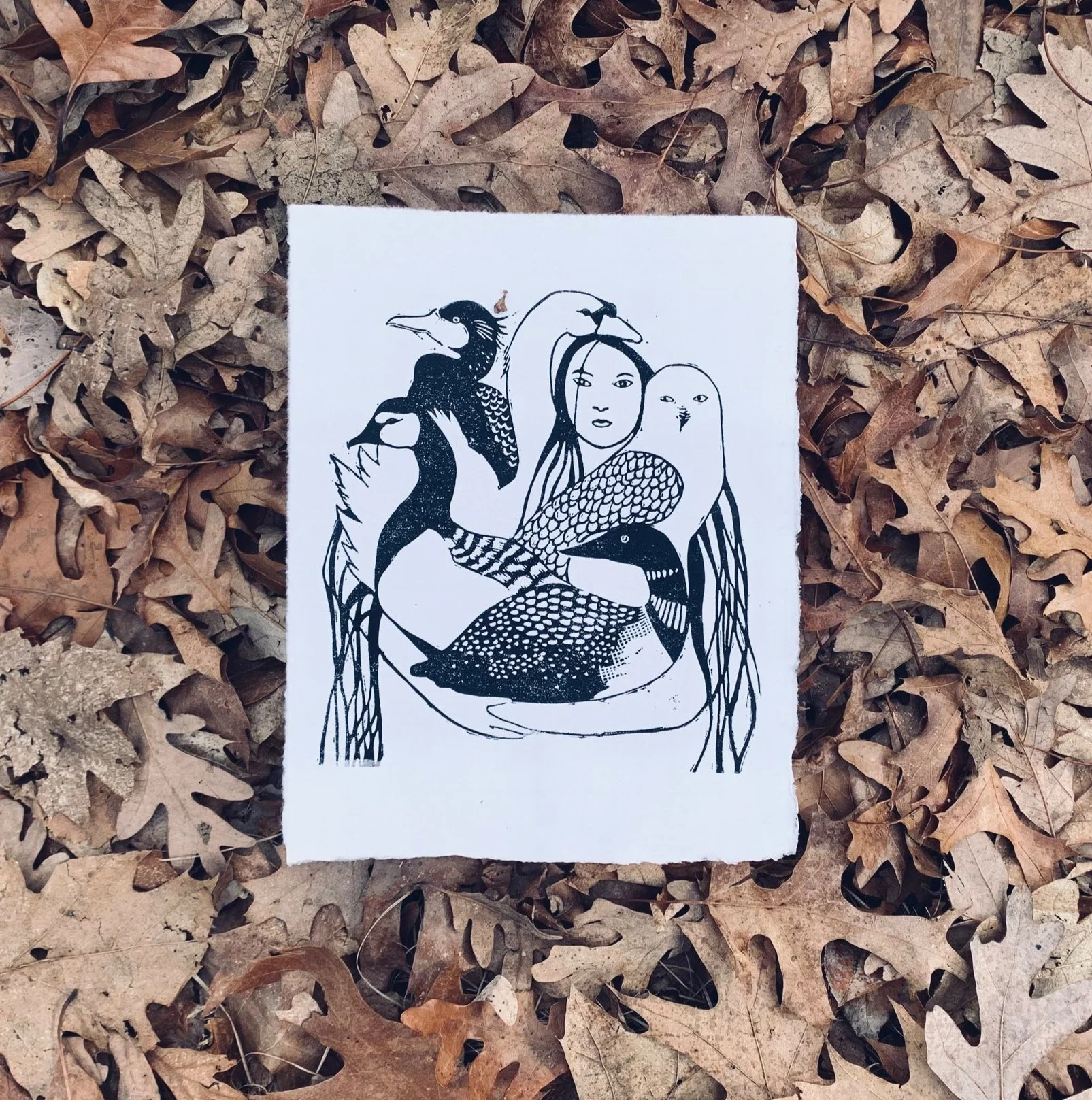 Bird woman linocut — Handcrafted Folktale Linocuts