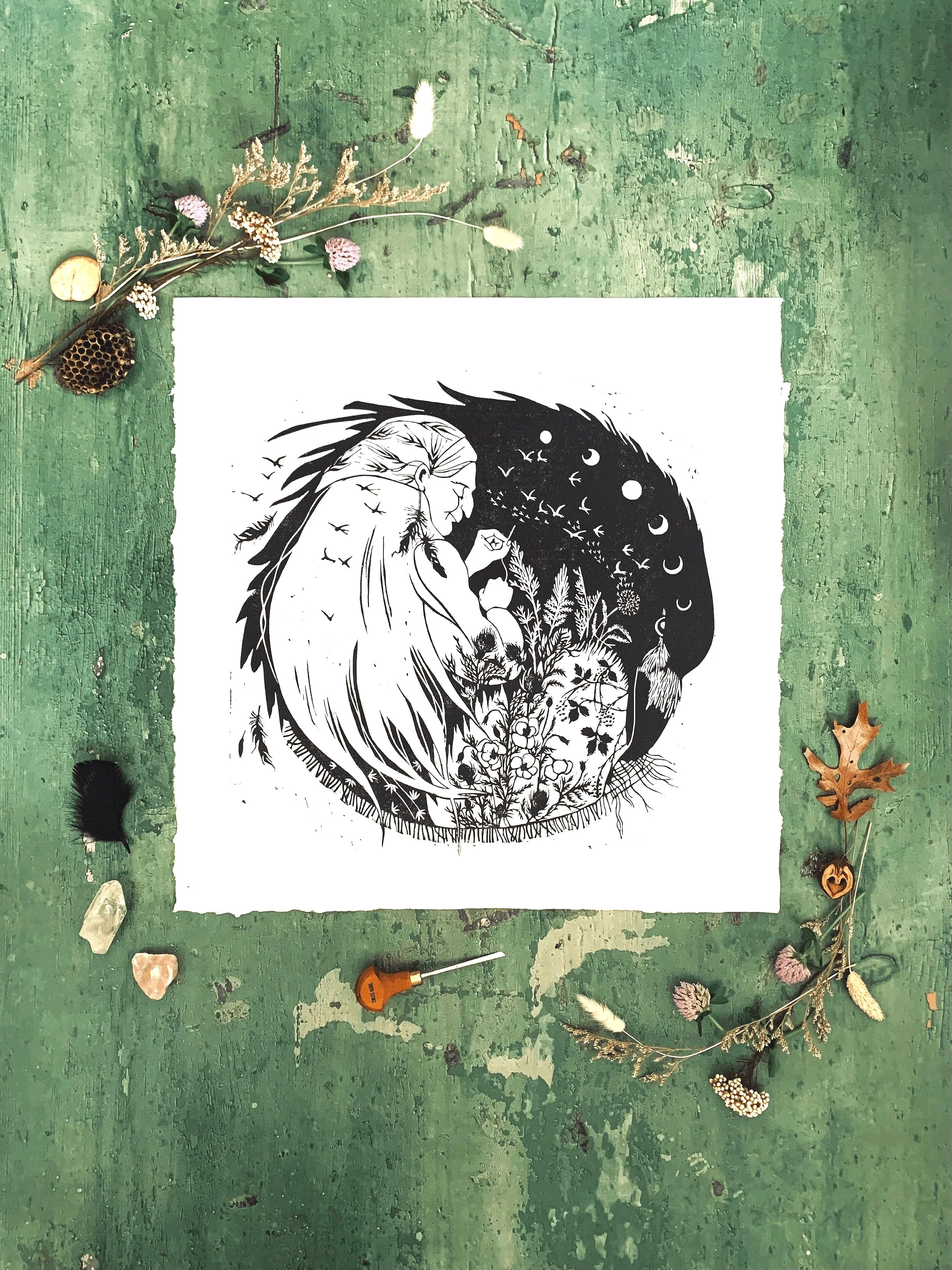 Handcarved linocut of The Old Woman who Weaves the World and Trickster ...