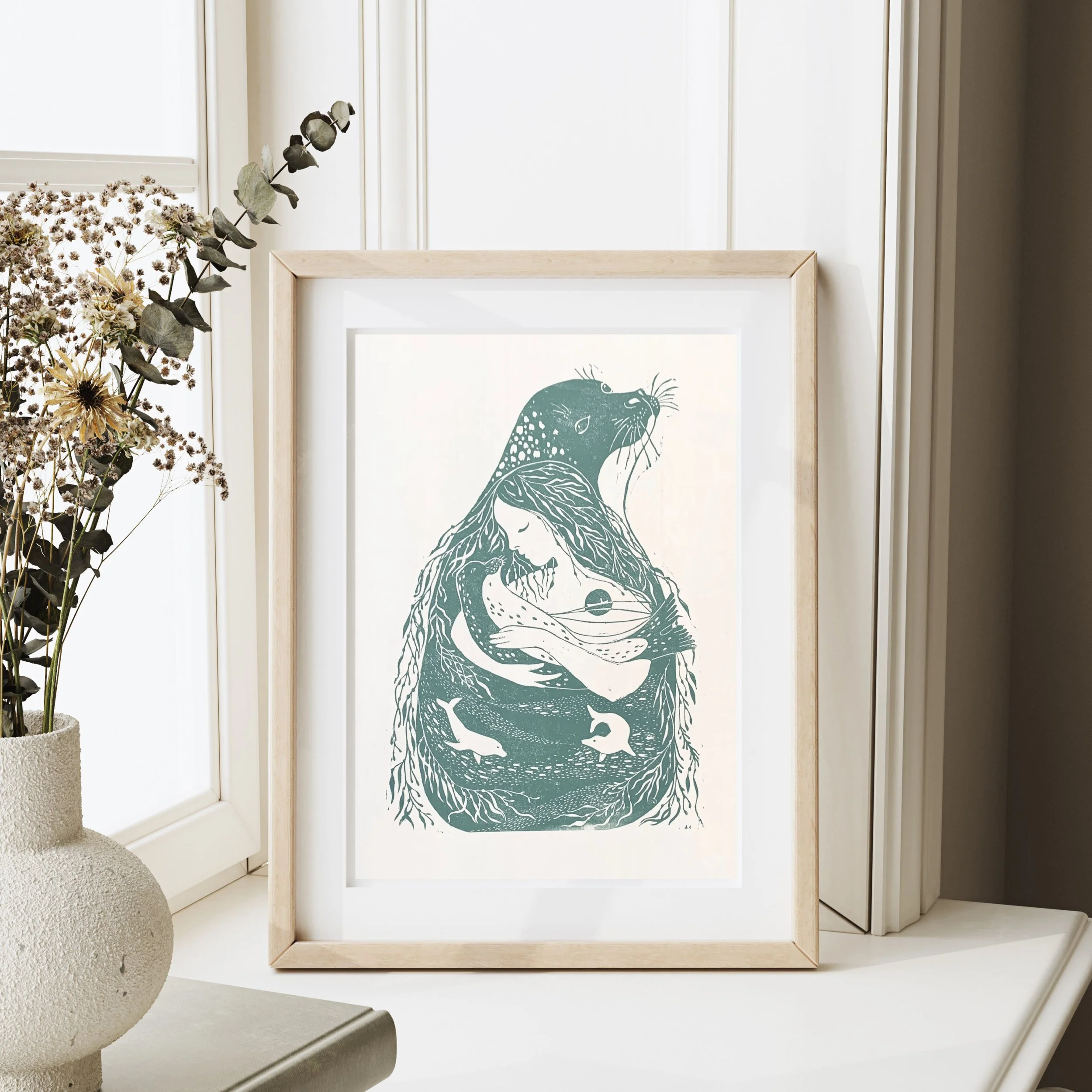 Handmade linocut print of a selkie seal woman — Handcrafted Folktale ...