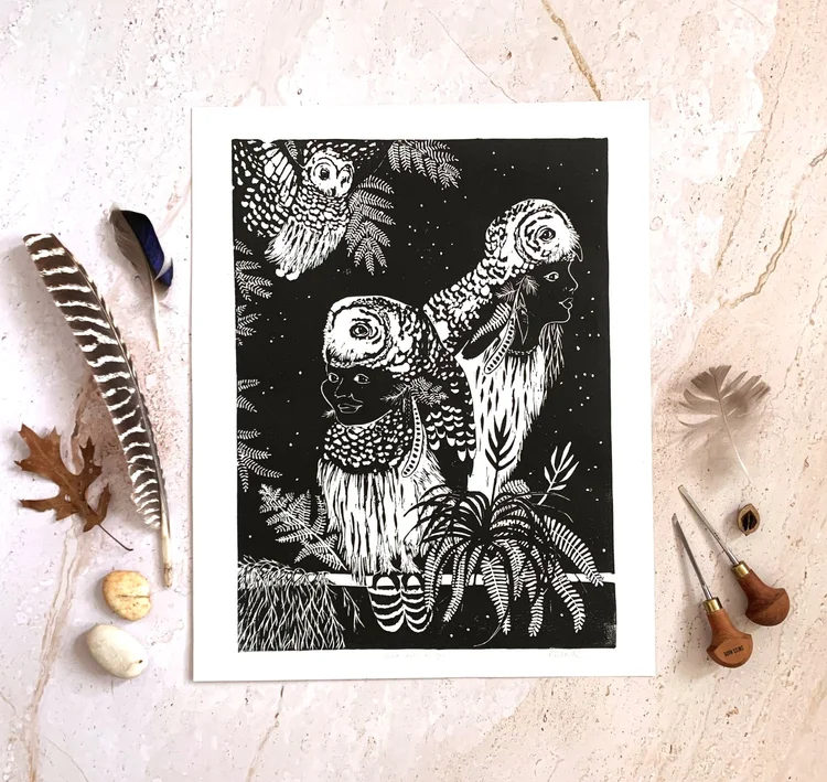 The Bird Woman Inside Us — Handcrafted Folktale Linocuts