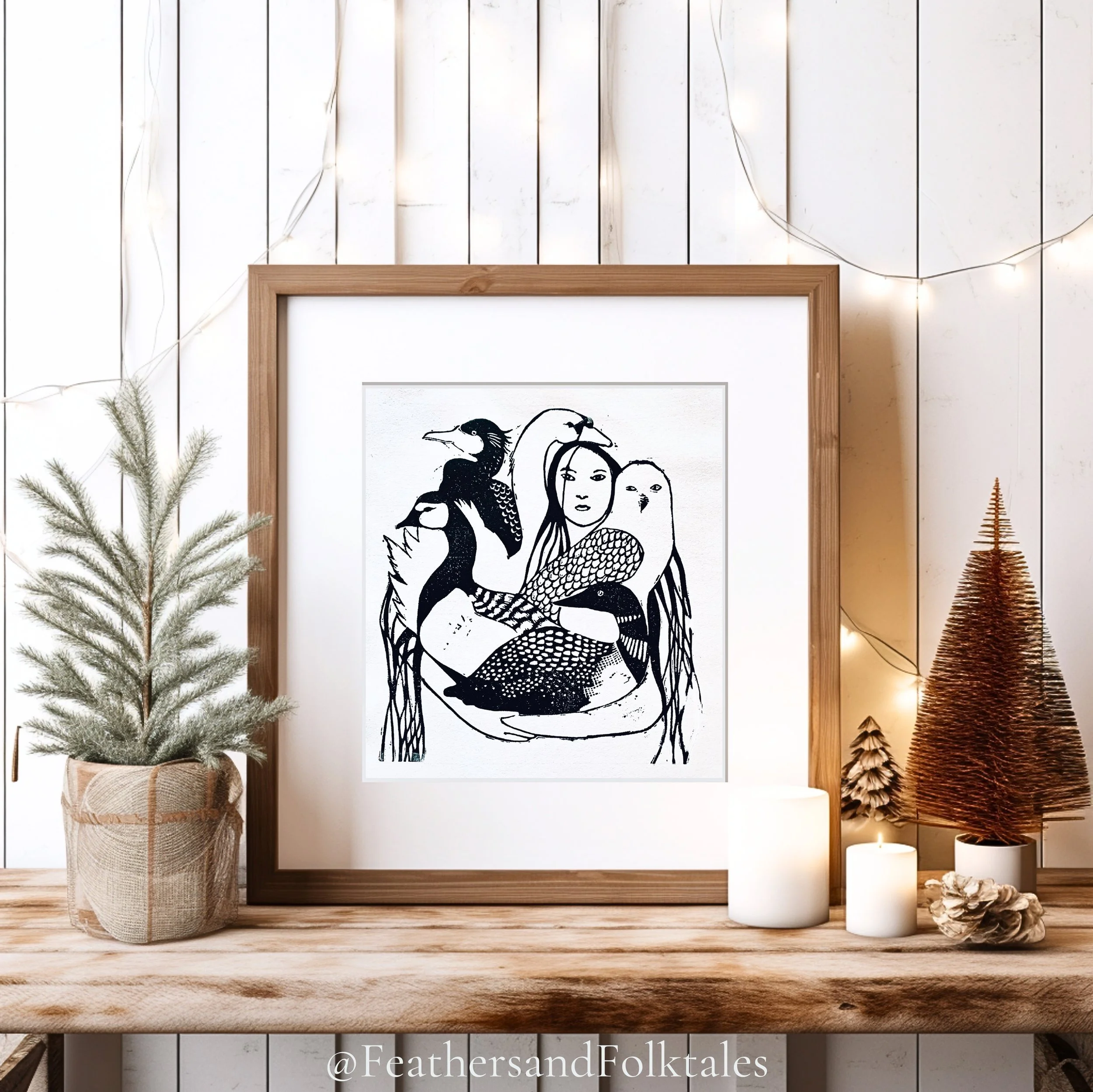 Bird woman linocut — Handcrafted Folktale Linocuts