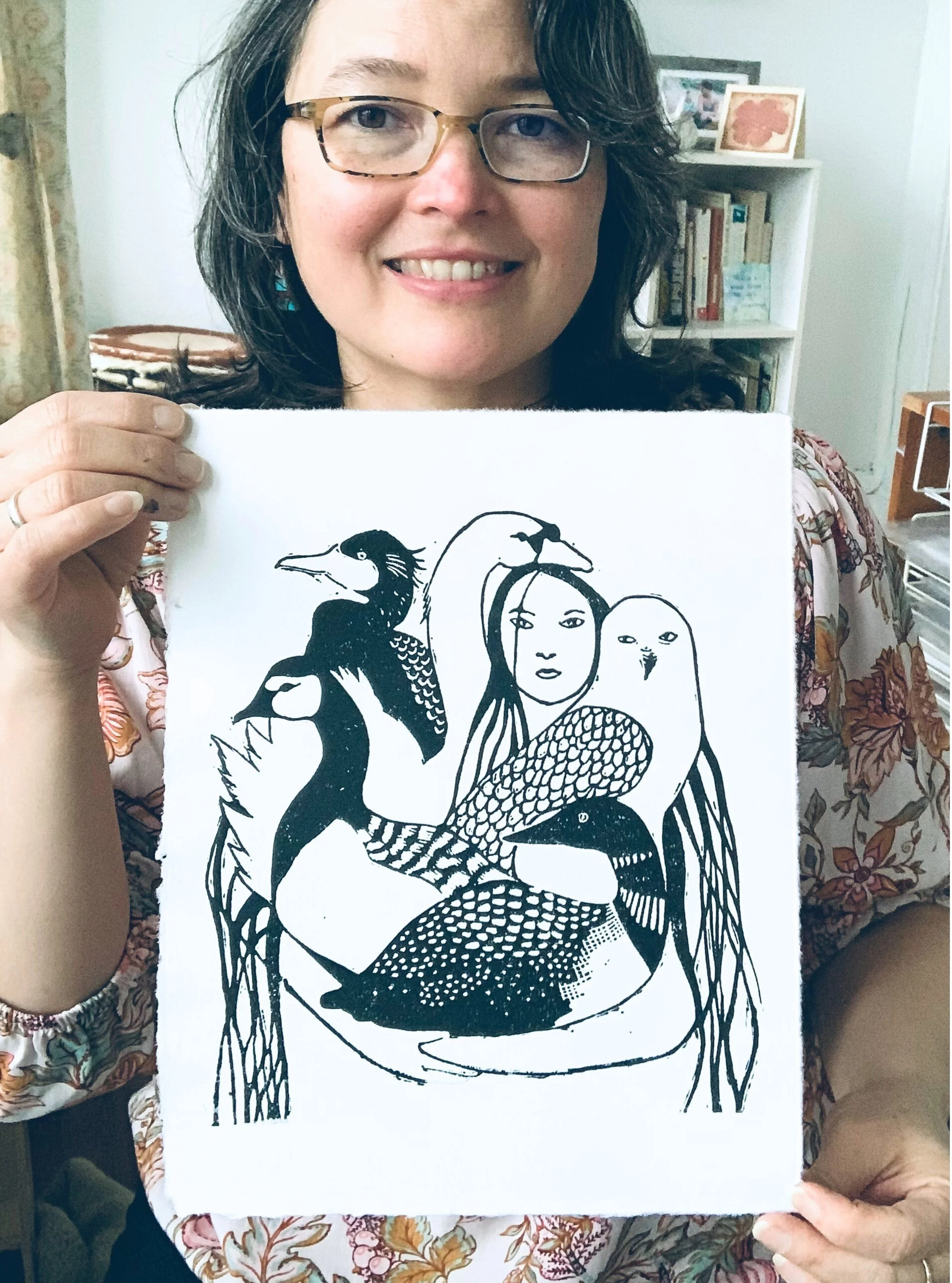 Bird woman linocut — Handcrafted Folktale Linocuts